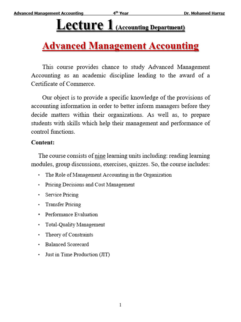 Lec. 1 Advanced Management Accounting | PDF | Management Accounting ...