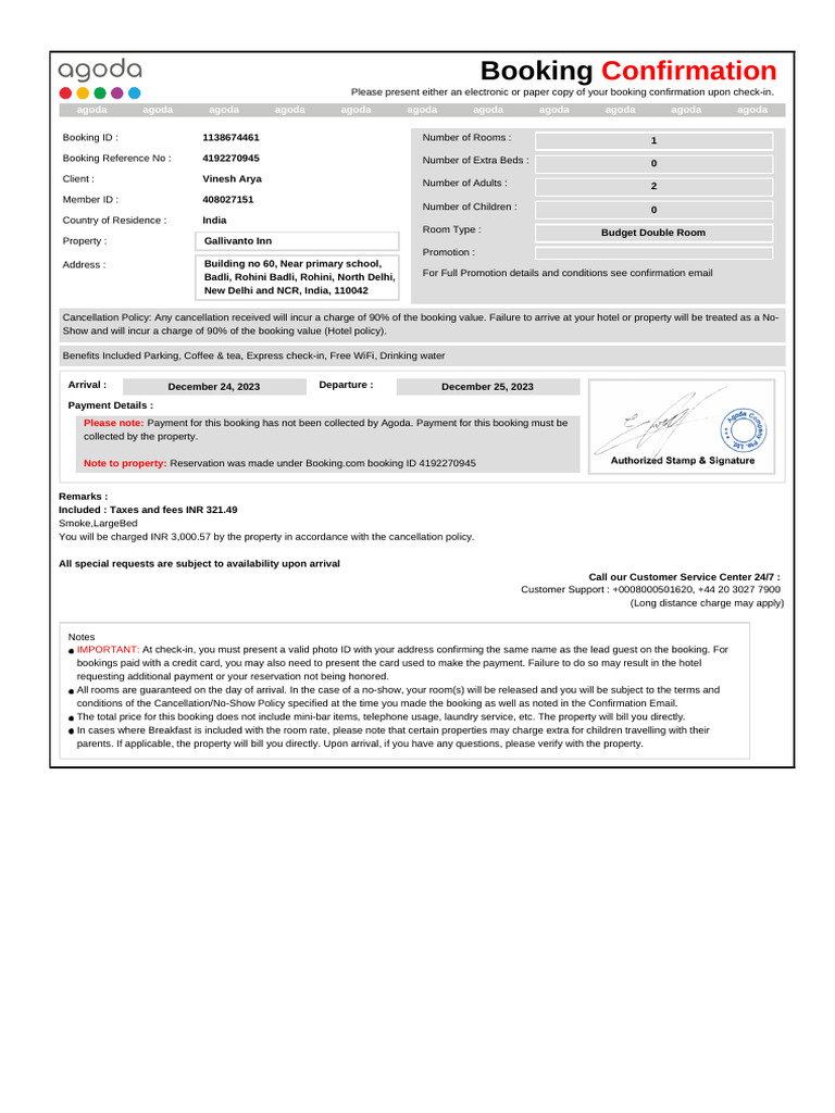 Confirmation For Booking ID # 1138674461 | PDF | Credit Card | Payments
