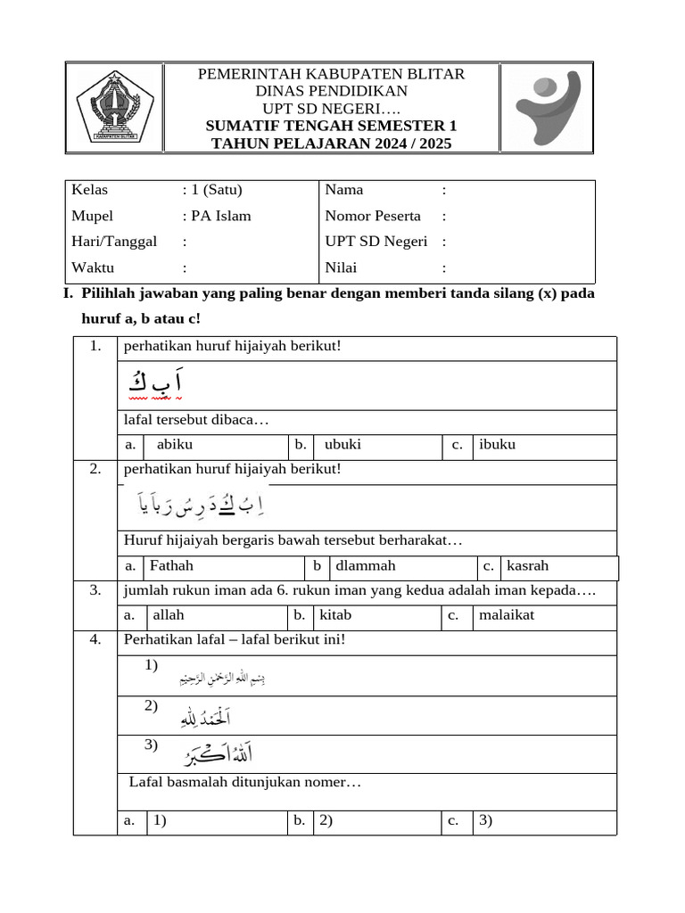 Naskah Soal - Kelas1 - Paislam - STS1 | PDF