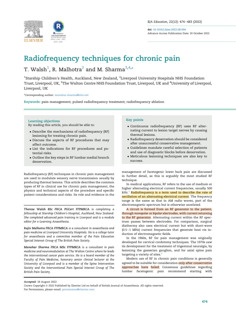 Radiofrequency Lesioning | PDF | Pain | Low Back Pain