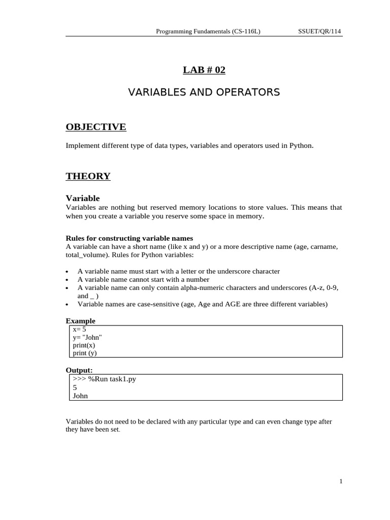 Pf Lab 02 Variables And Operators Pdf Data Type Variable Computer Science