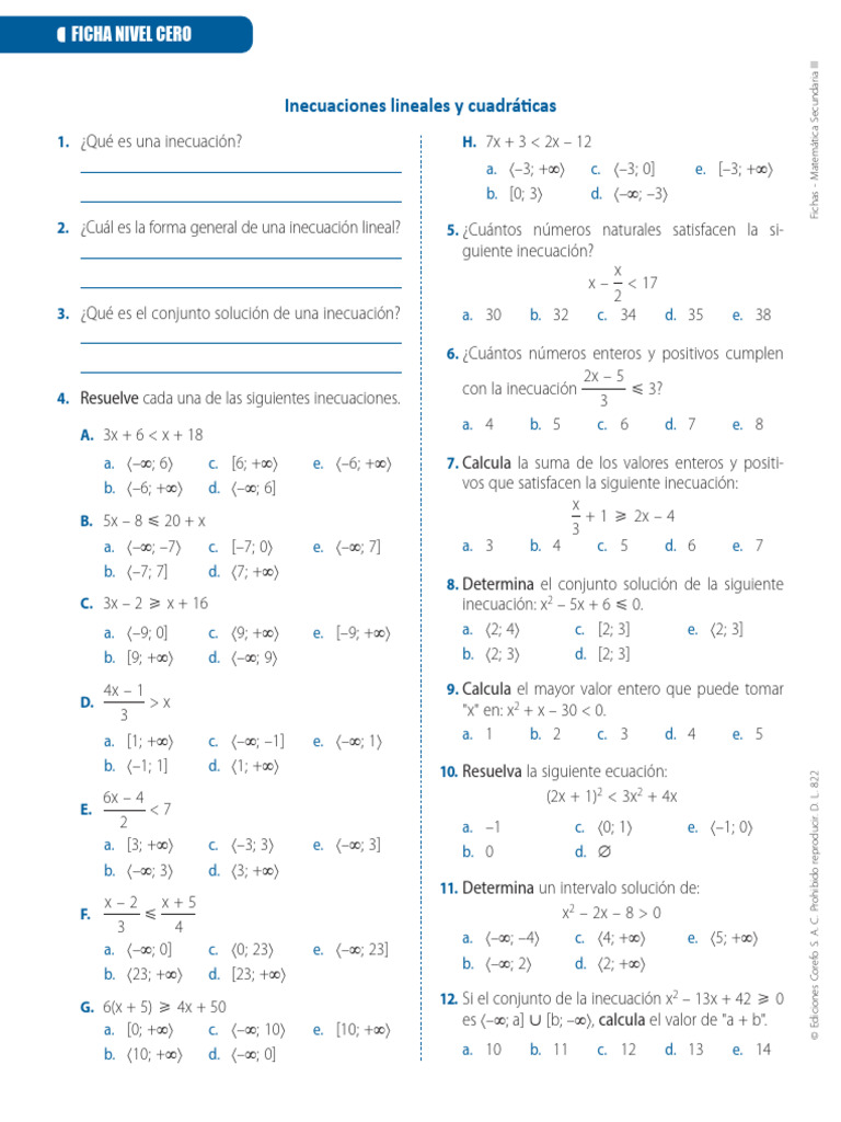 F0 - Inecuaciones Lineales y Cuadráticas | PDF | Matemáticas | Análisis matemático