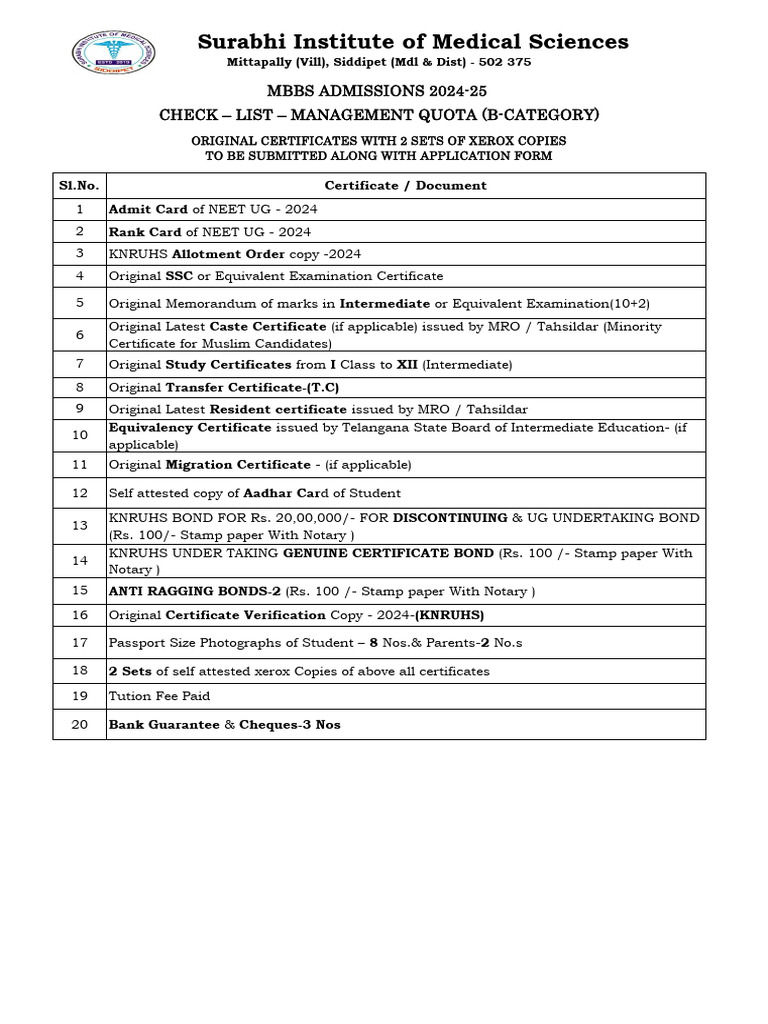 NEET UG 2024 Admission Document Checklist | PDF