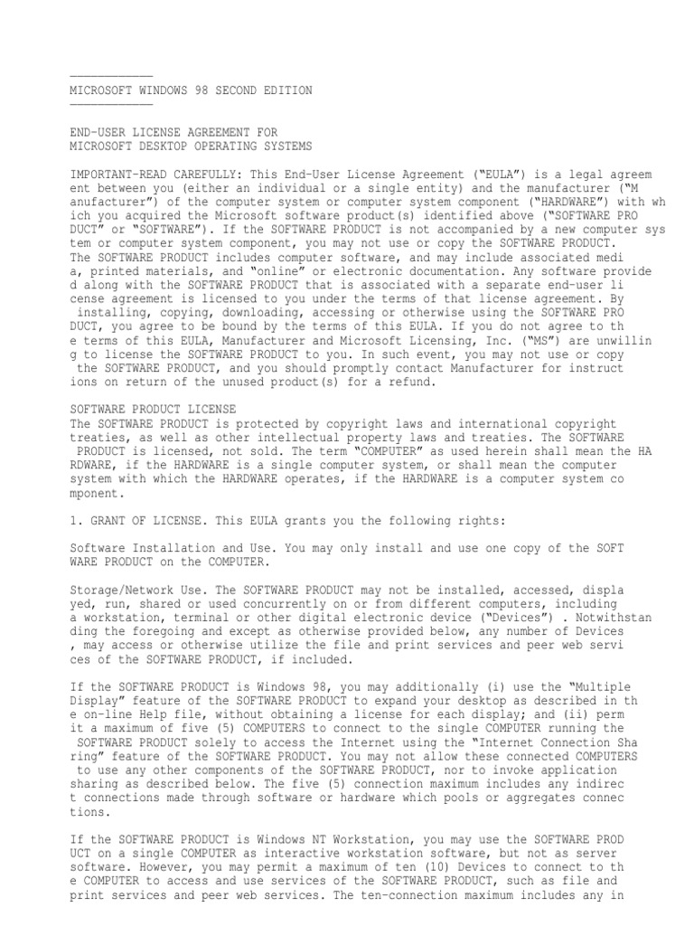 Microsoft Windows 98 Second Edition, End-User License Agreement For ...