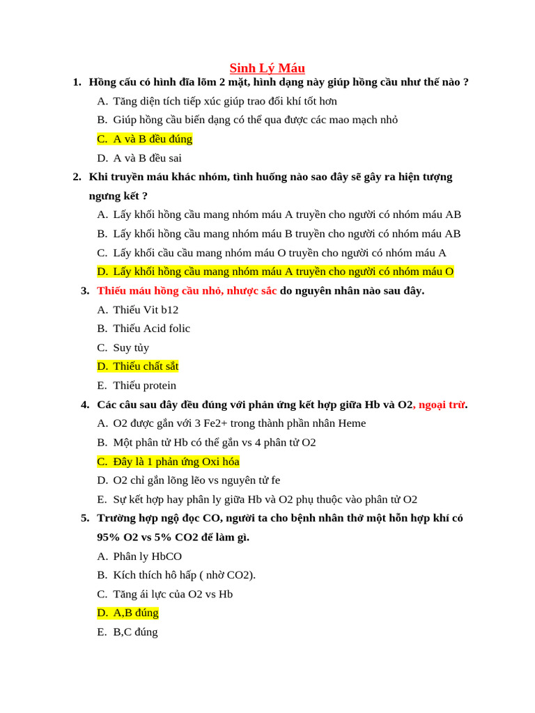 Ktra Sinh Lý Máu - HC | PDF