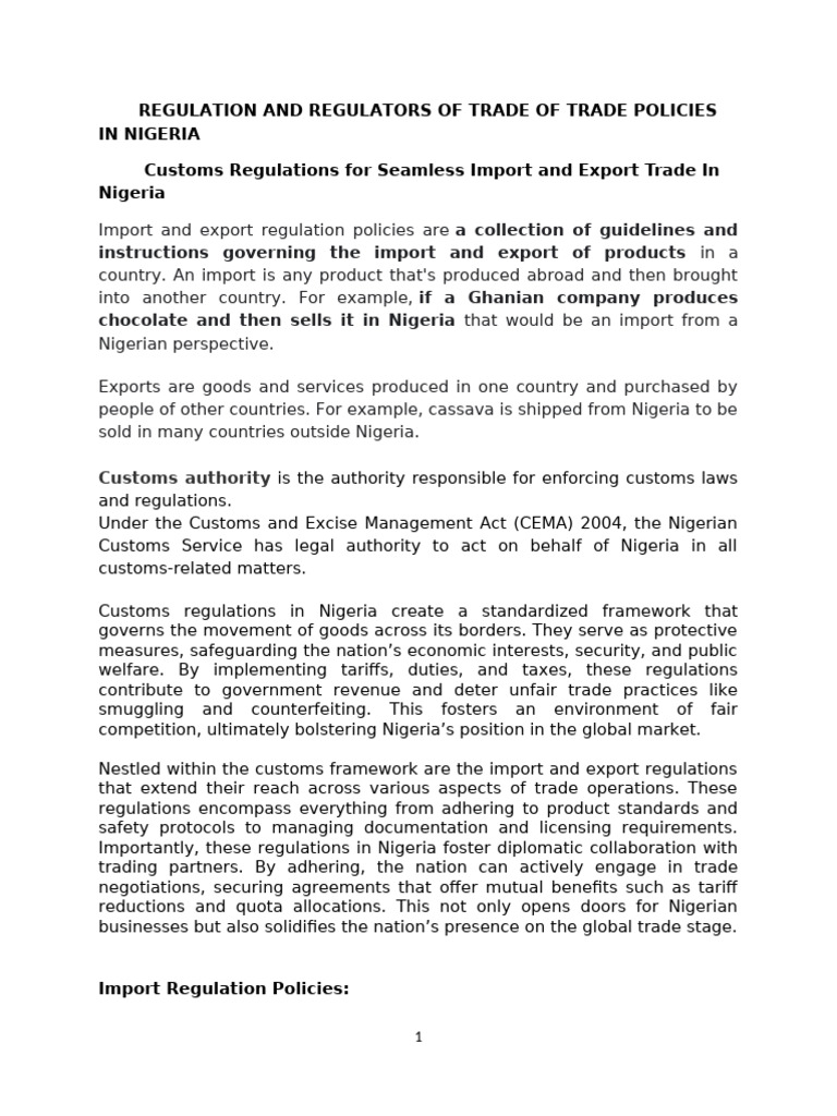 Regulation and Regulators of Trade of Trade Policies in Nigeria | PDF ...