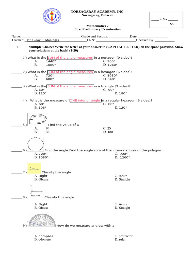 MATH 7 1st PRELIM EXAM | PDF | Angle | Polytopes