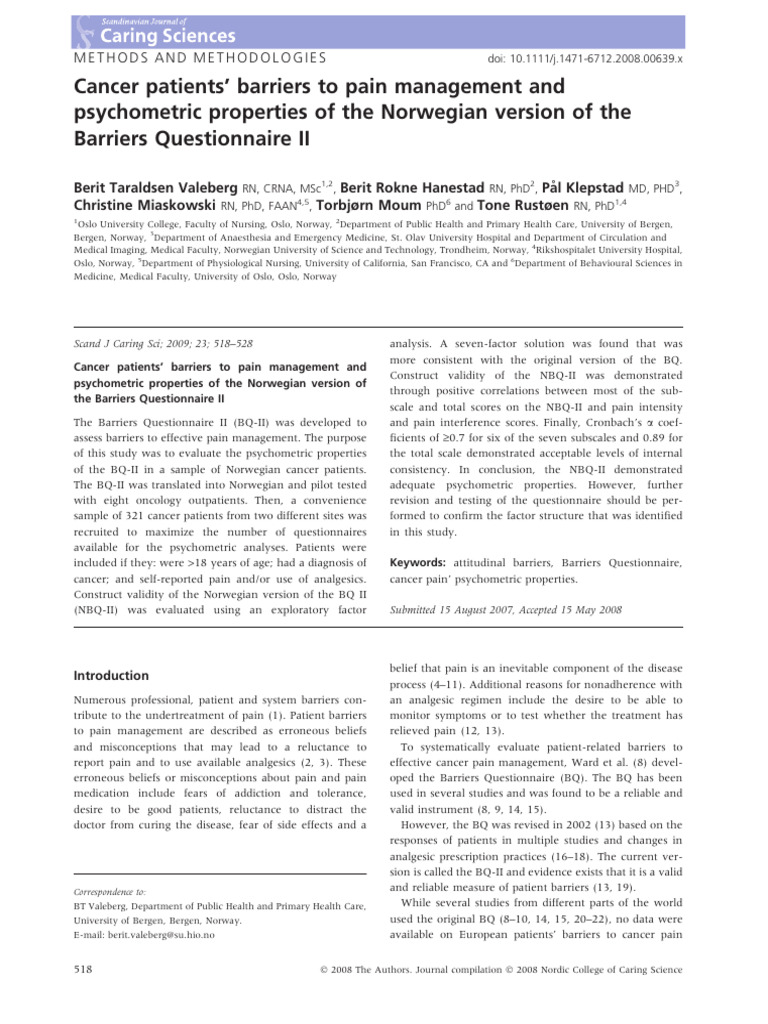 Cancer Patients' Barriers To Pain Management and Psychometric ...