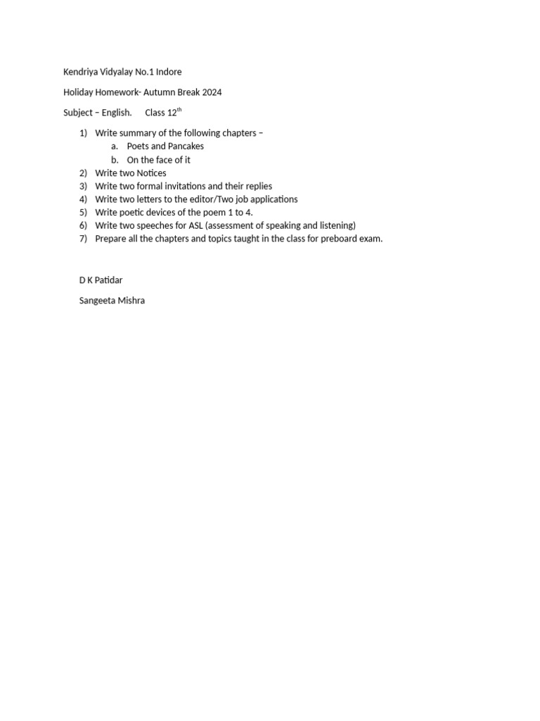 Autumn Break Homework | PDF