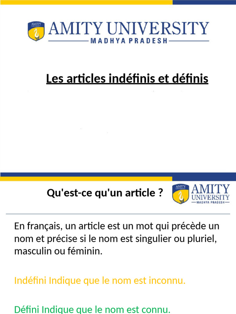Les Articles Indéfinis Et Définis | PDF | Études des langues étrangères