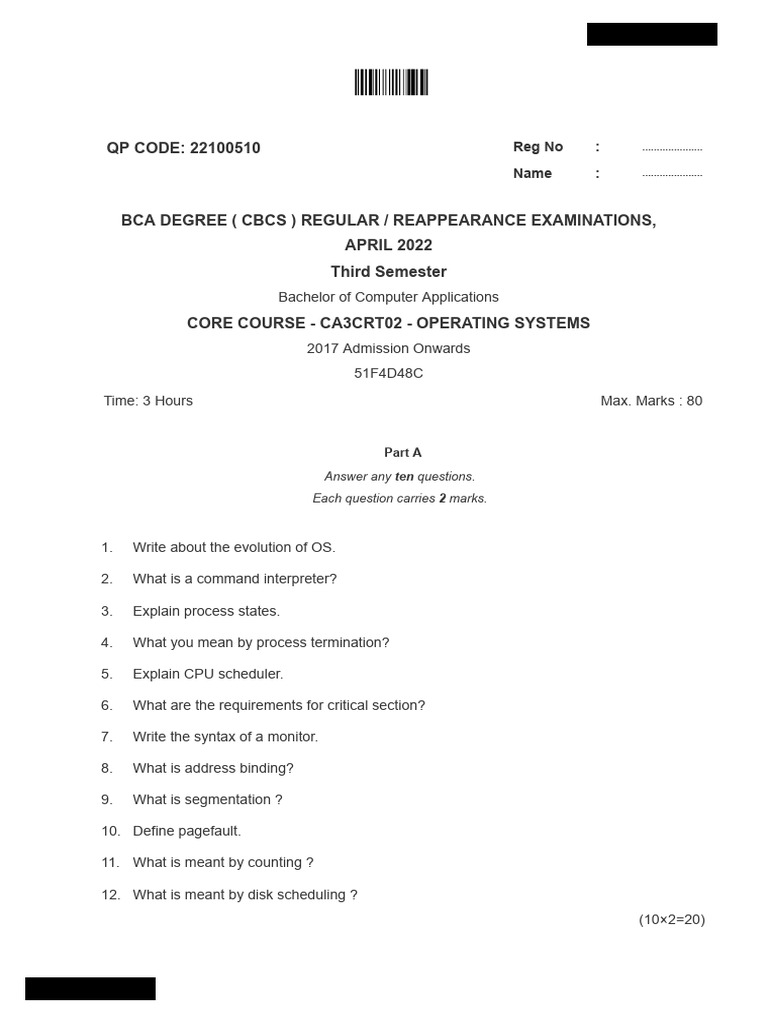 Bca 3 Sem Operating Systems 22100510 Apr 2022 | PDF | Process ...