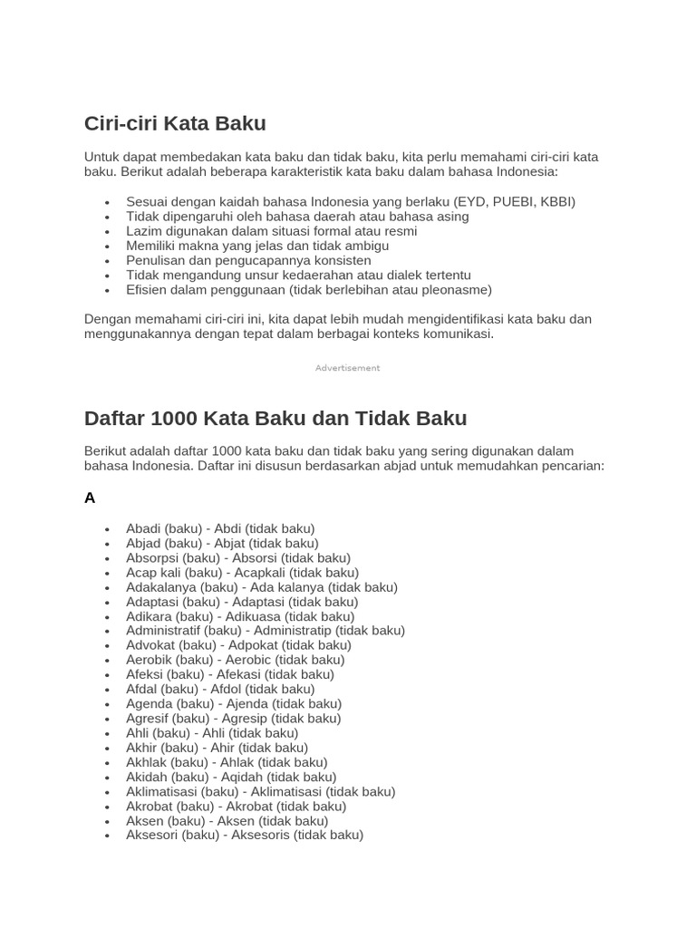 Ciri-Ciri dan Daftar Kata Baku | PDF