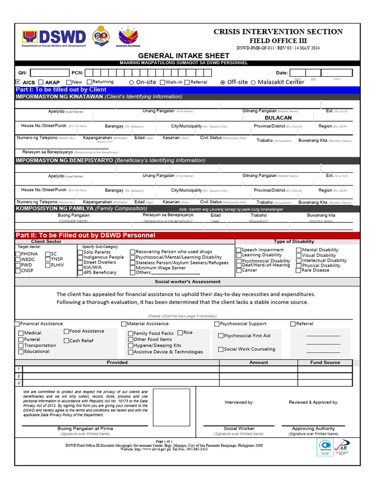 DSWD General Intake Sheet Template | PDF | Disability | Psychosocial