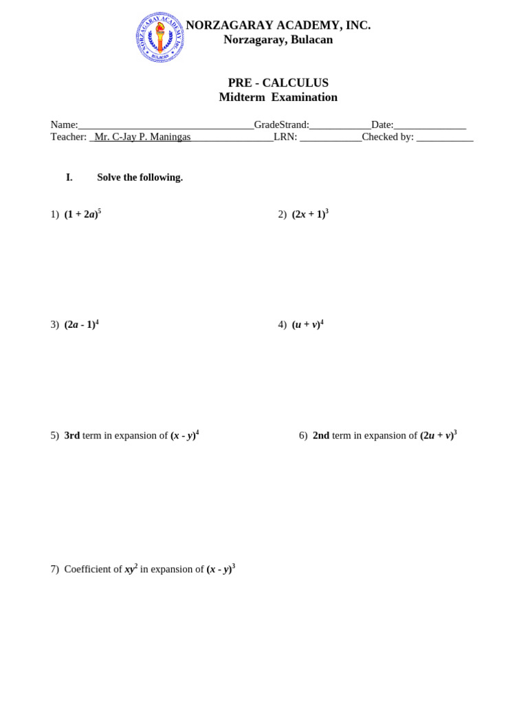 Pre Calculus - MIDTERM EXAMINATION | PDF Pre Calculus - MIDTERM EXAMINATION | PDF
