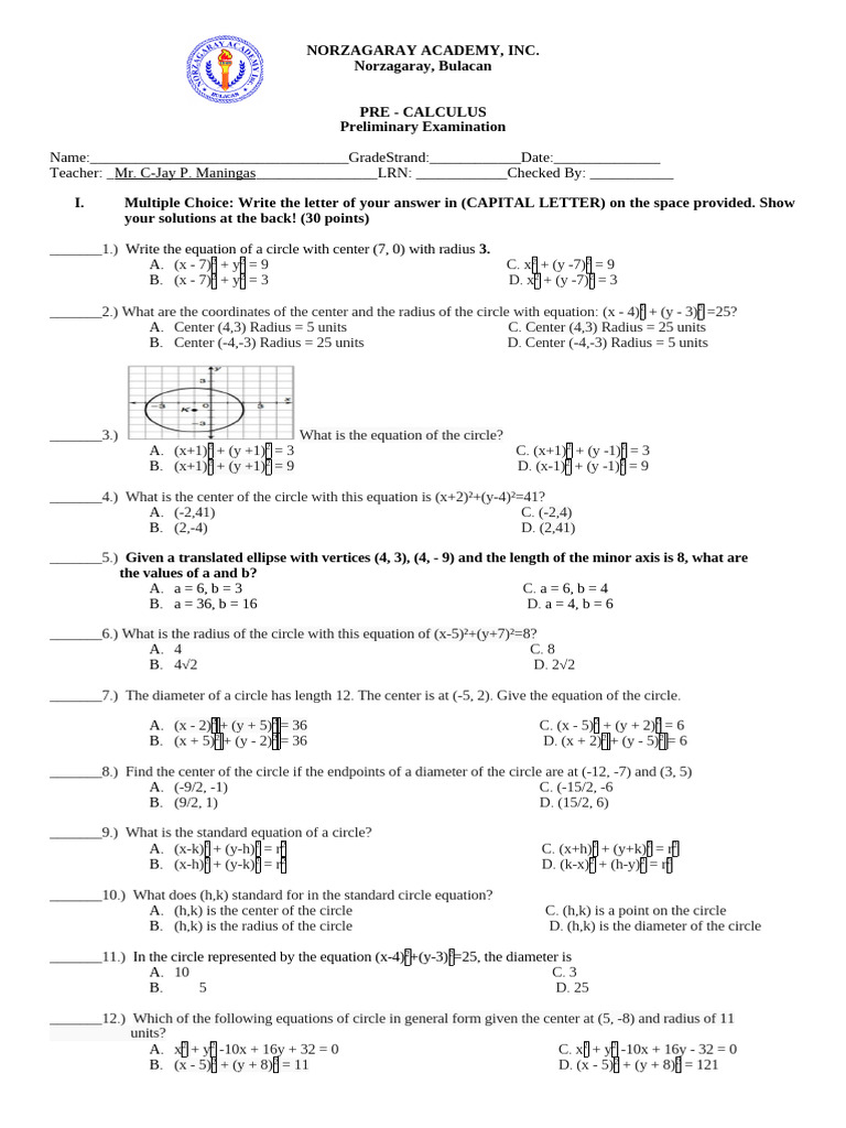Pre Calculus - PRELIMINARY EXAM | PDF | Geometry | Elementary Geometry