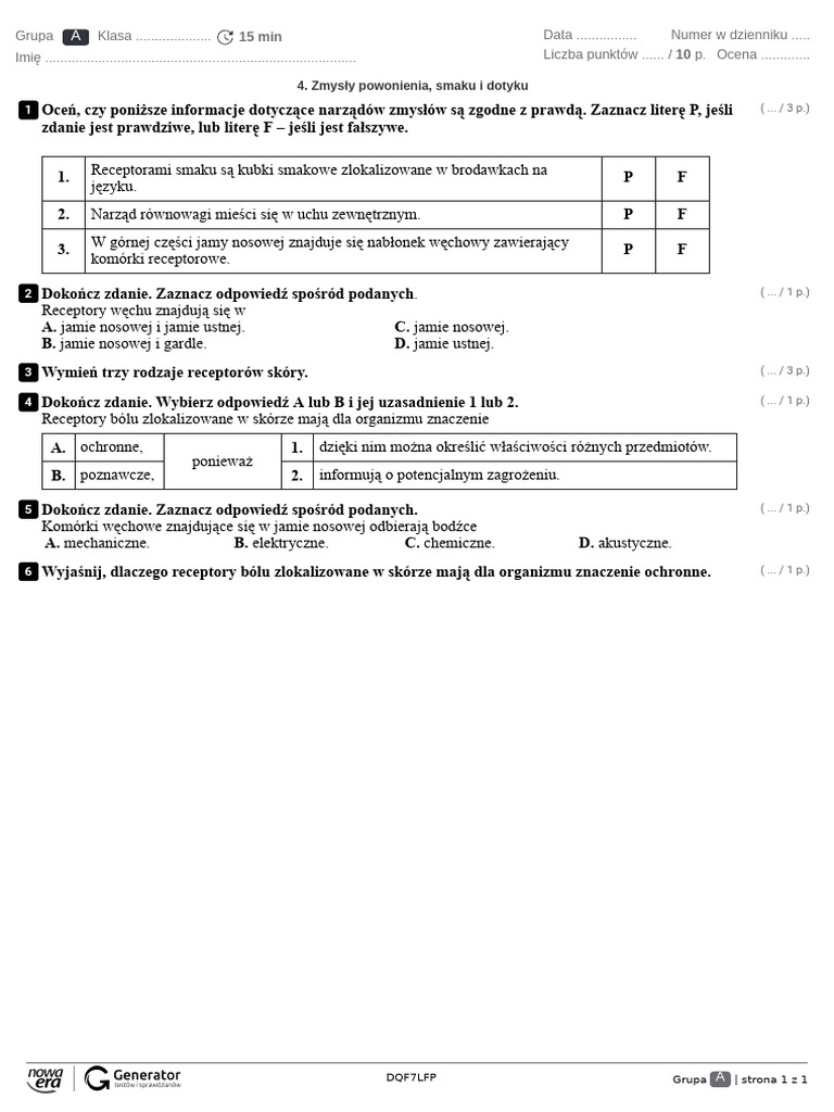 Zmysły Powonienia, Smaku I Dotyku Test (Z Widoczną Punktacją) | PDF