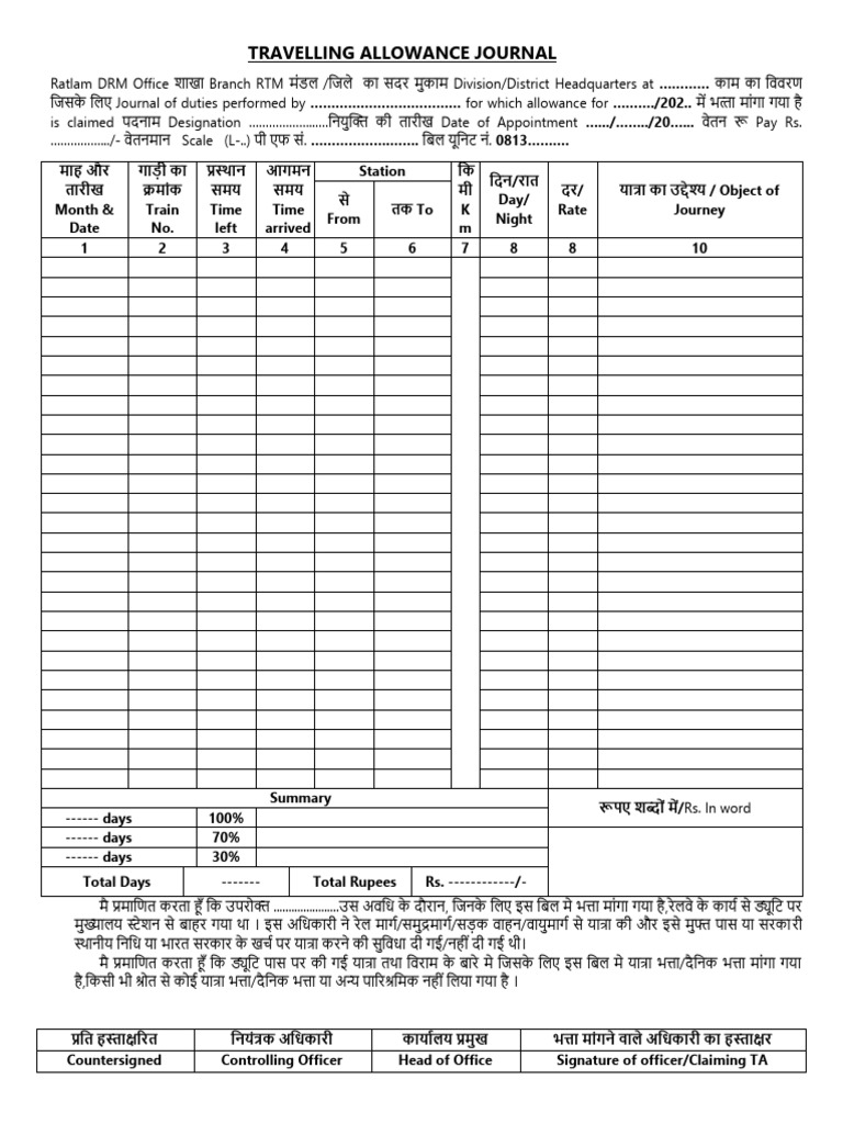 Travelling Allowance Journal One Page | PDF