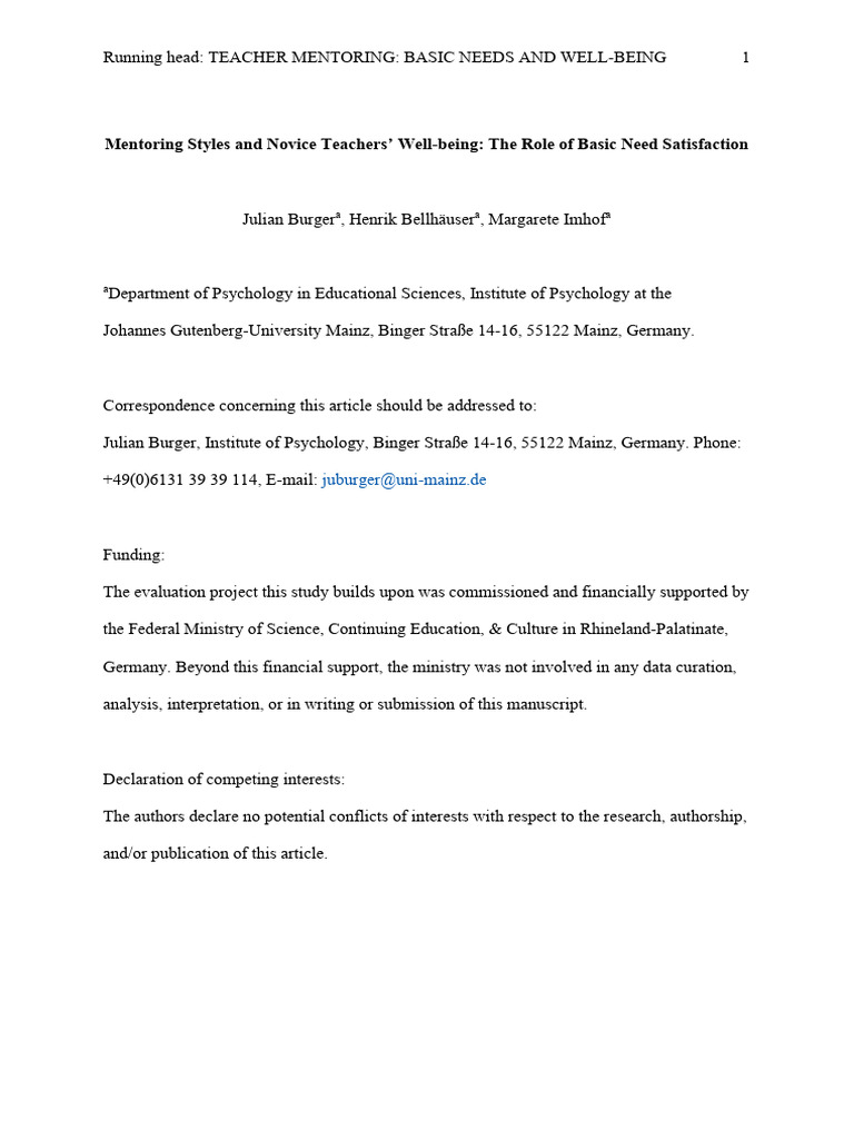Burger, Bellhäuser, & Imhof (2021) - Mentoring Styles - Manuscript - First Submission | PDF ...