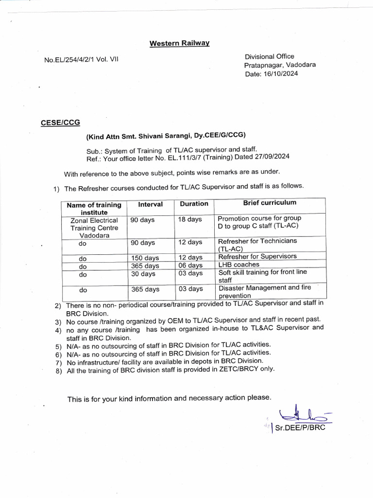 BRC System of Training of TL AC Supervisor and Staff | PDF