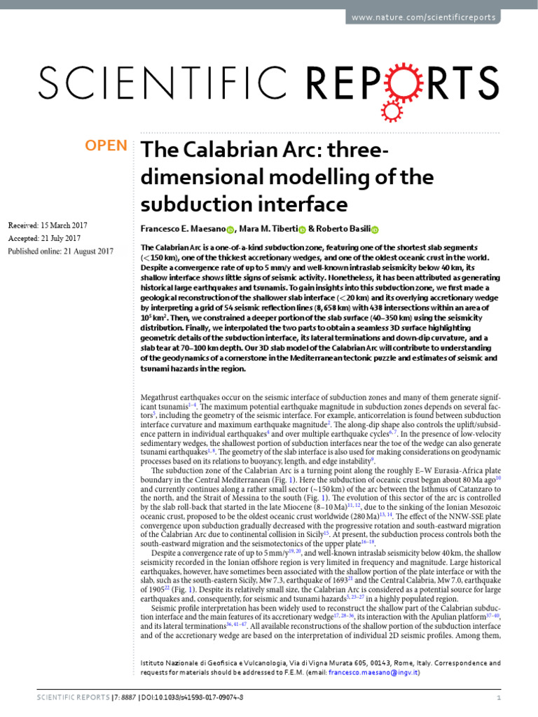 The Calabrian Arc: Three Dimensional Modelling of The Subduction ...