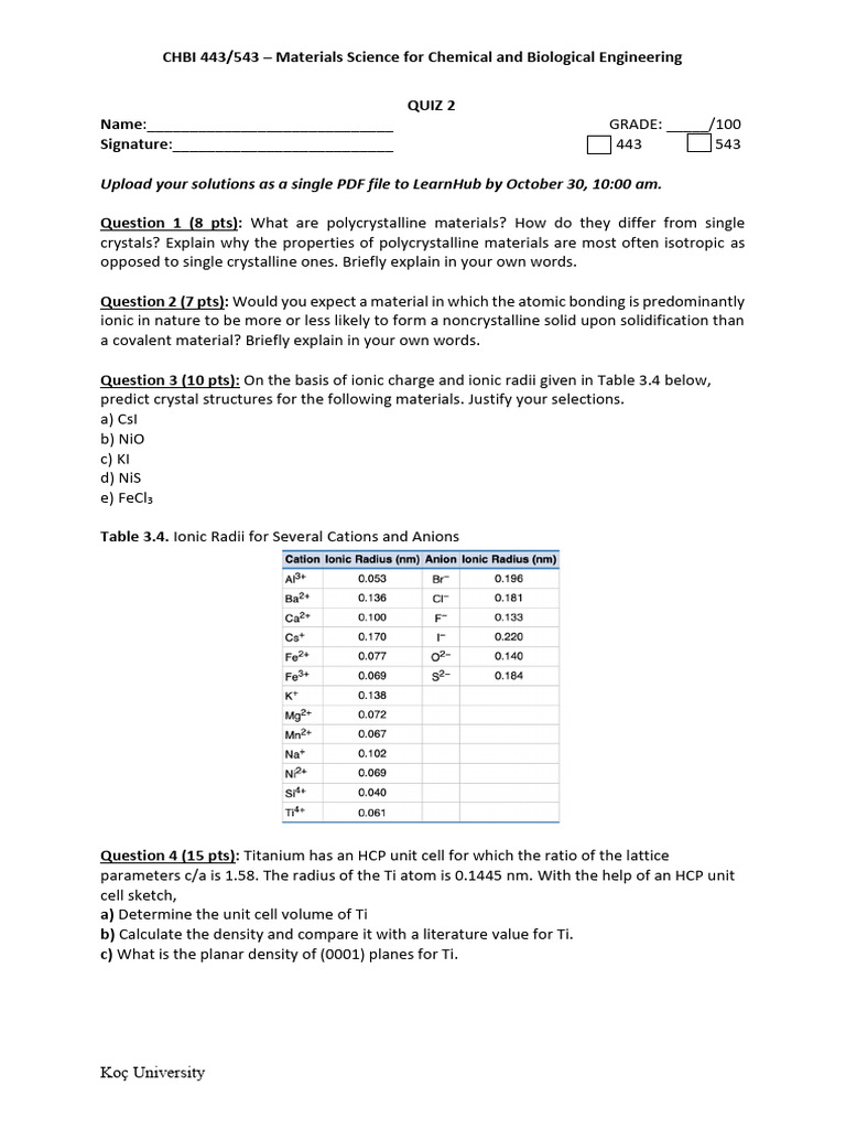 Quiz 2-Given | PDF | Crystal Structure | Ionic Bonding