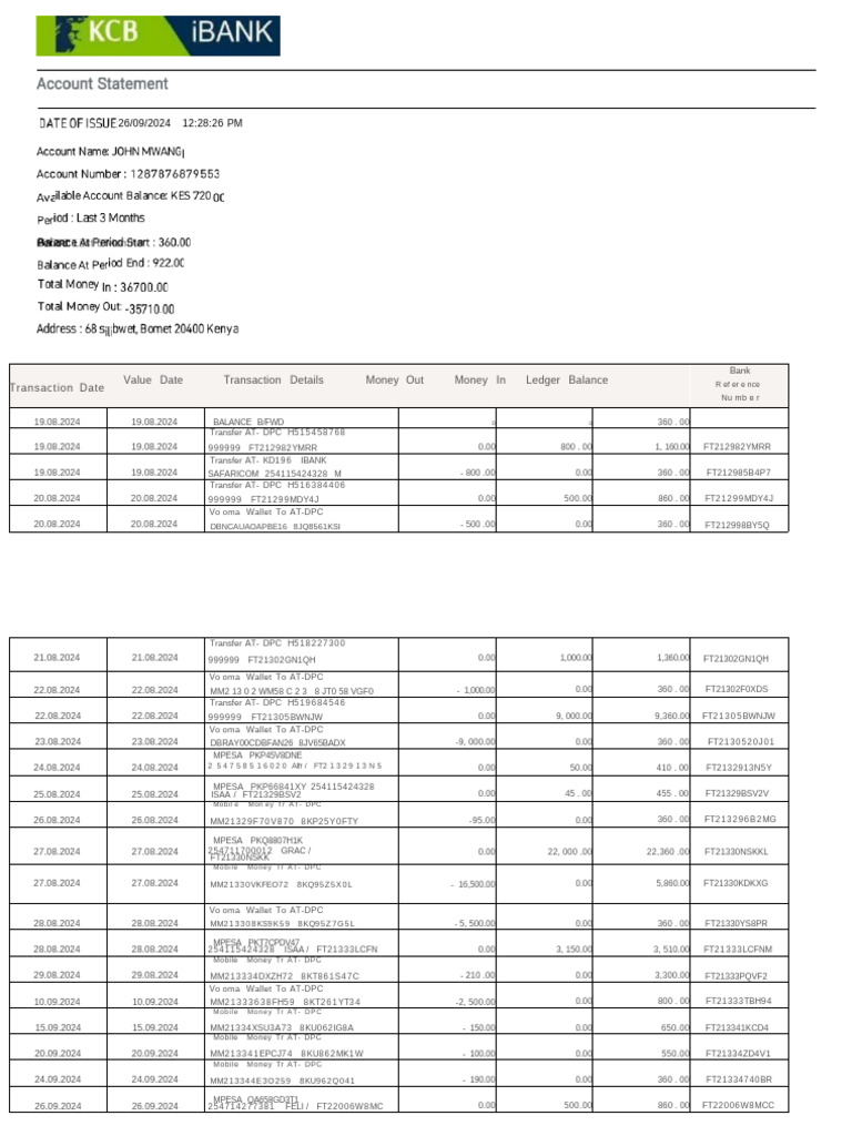 John Mwangi Bank Statement Pdf Banking Payments
