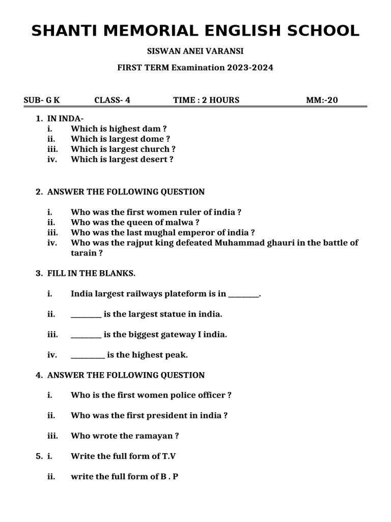 Class 4 GK Exam Paper 2023-24 | PDF | Politics