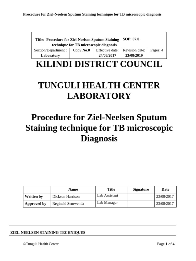 SOP-07 ZN Sputum Staining For Detection of AFB-0 | PDF | Staining ...