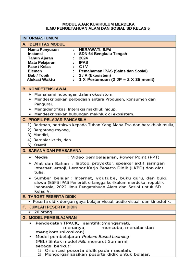 MODUL AJAR SD KELAS 5 EKOSISTEM Print | PDF | Karier & Perkembangan