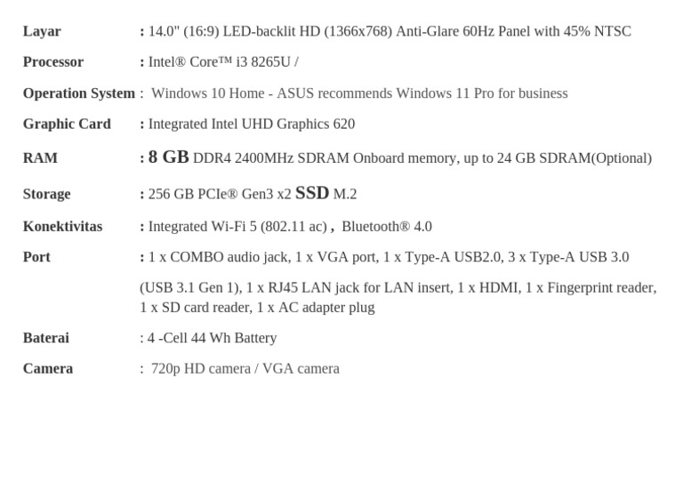 ASUS Laptop Specs: Intel i3, 8GB RAM | PDF