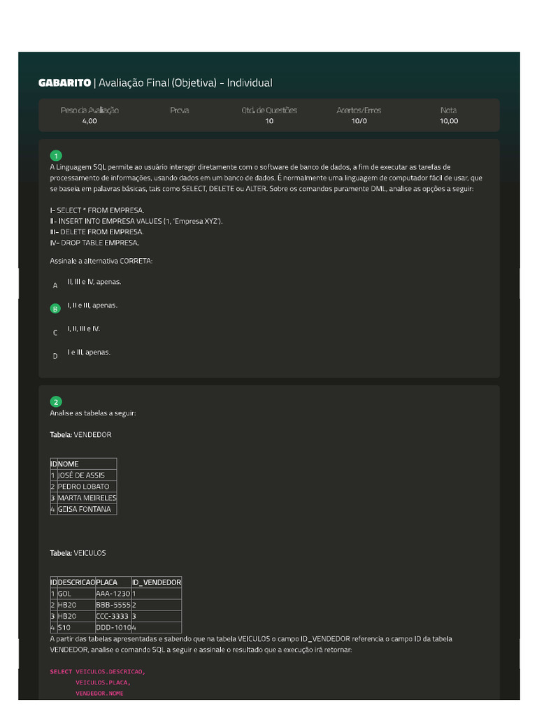 Banco de Dados Avaliação Objetiva (Final) - ADS Uniasselvi | PDF