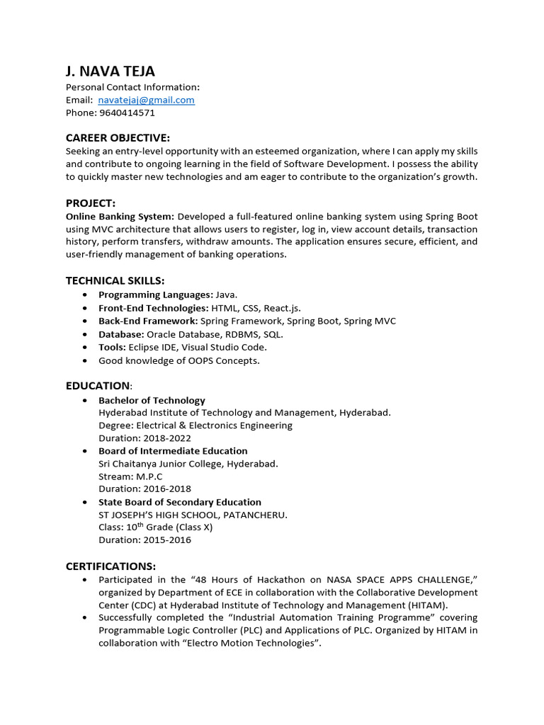 JNavaTeja Resume | PDF | Computers