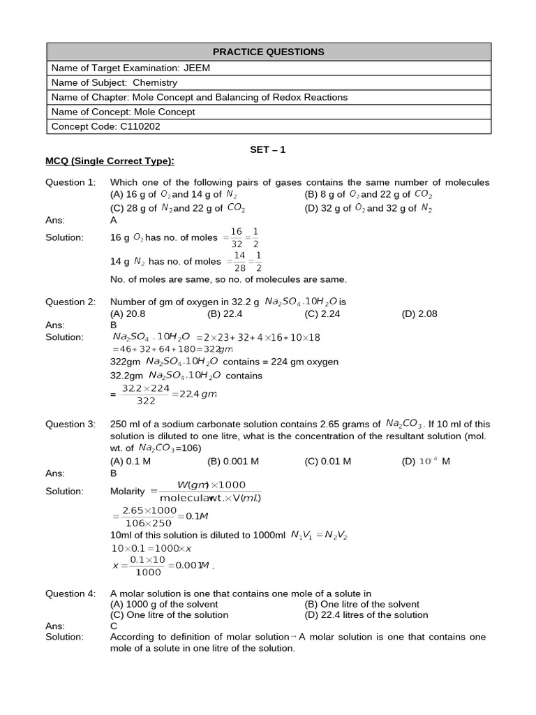 Mole Concept Practice Questions for JEEM | PDF | Mole (Unit) | Molecules