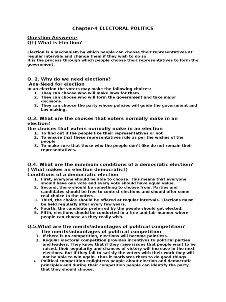 Handout On Ch. Electoral Politics Class 9 | PDF | Elections | Voting
