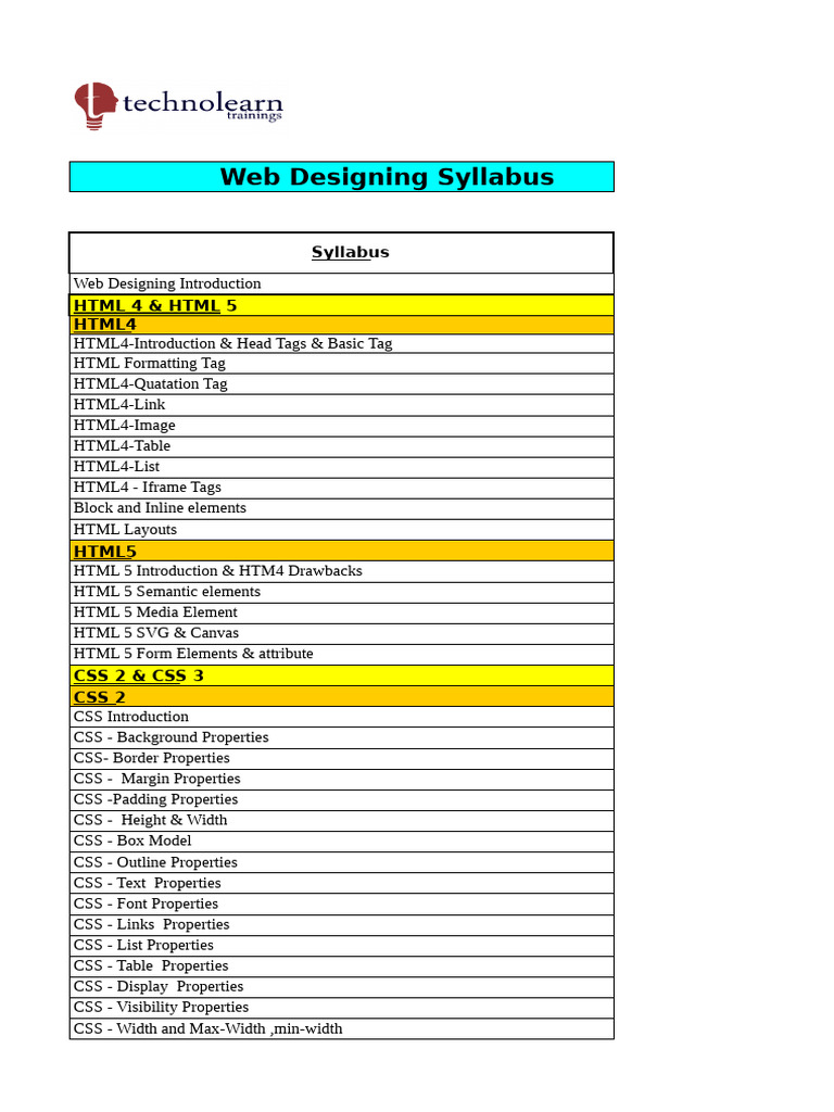 Web Designing Syllabus Technolearn Trainings | PDF | J Query | Html Element