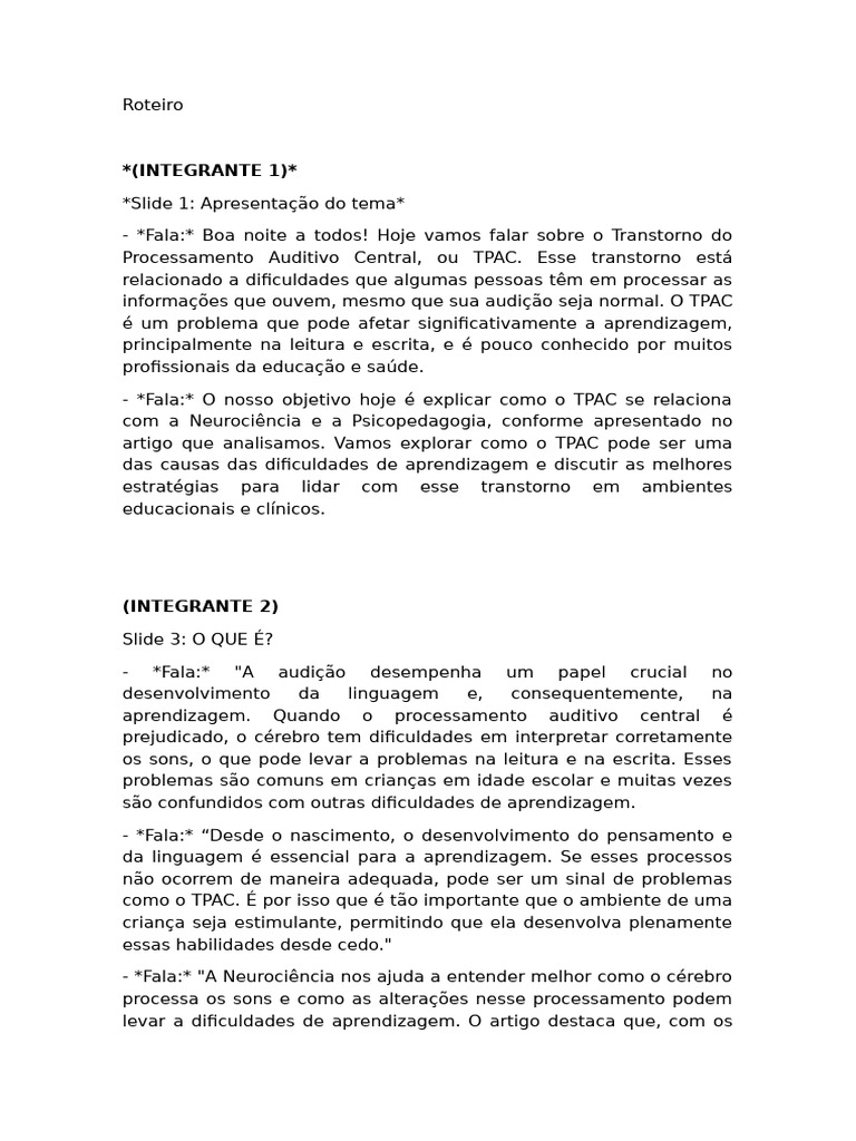 Roteiro Do Trabalho de Carla | PDF | Aprendizado | Dificuldade de aprendizagem
