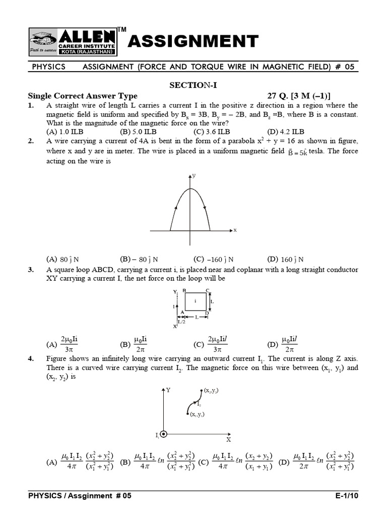 15 Assignment (Force and Torque On Wire in Magnetic Field) | PDF | Magnetic Field | Rotation