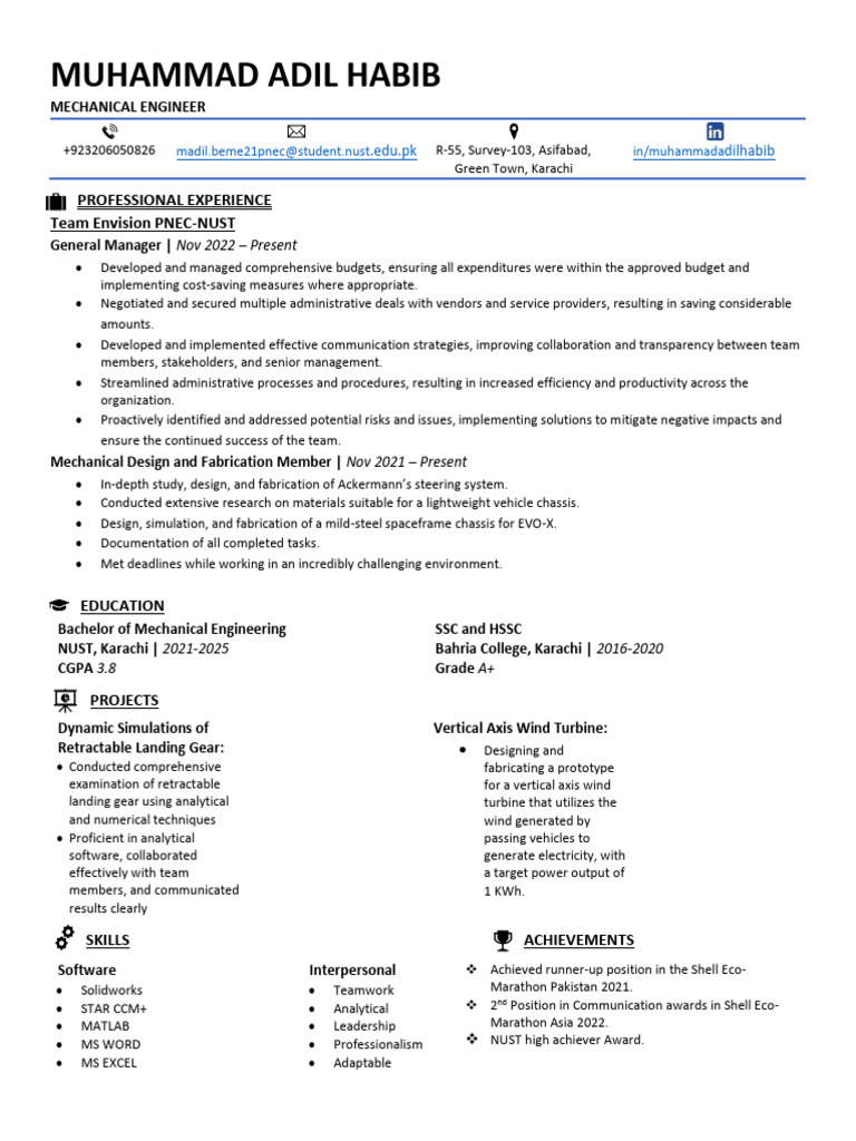 Muhammad Adil Habib: Professional Experience Team Envision PNEC-NUST ... Muhammad Adil Habib: Professional Experience Team Envision PNEC-NUST ...