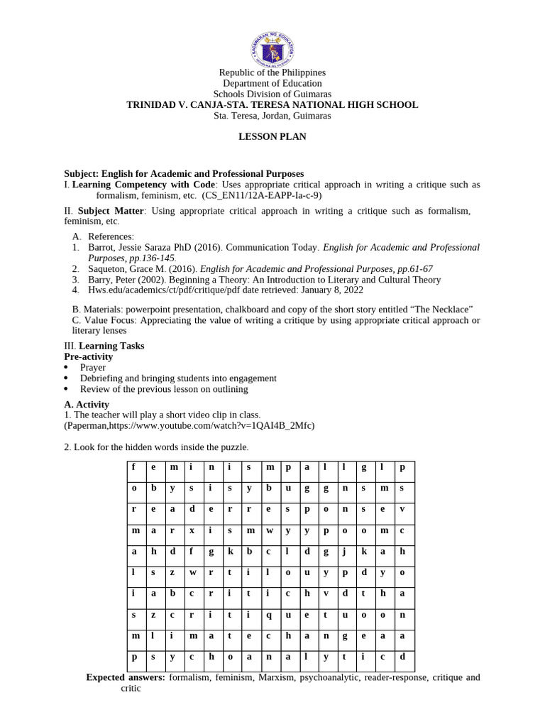 Lesson Plan in critique paper | PDF | Survey Methodology | Questionnaire