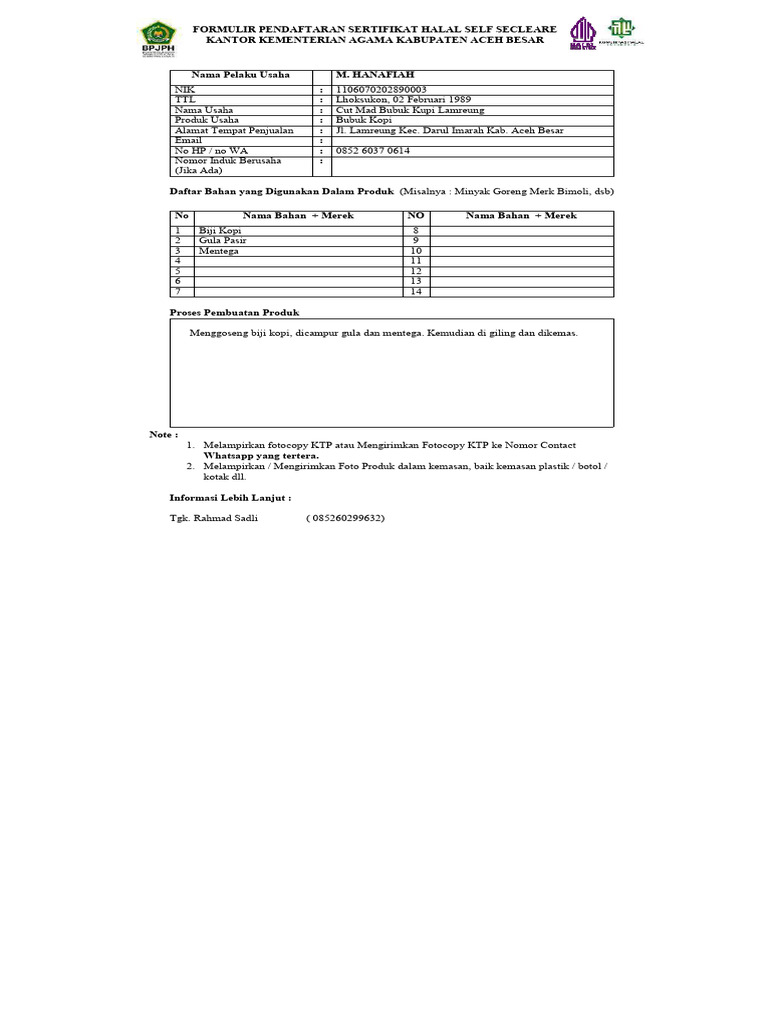 Formulir Pendaftaran Sertifikat Halal M Hanafiah | PDF