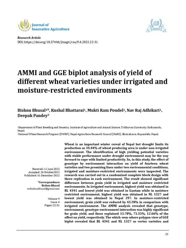 Ammi and Gge Biplot Analysis of Yield of Different Wheat Varieties ...