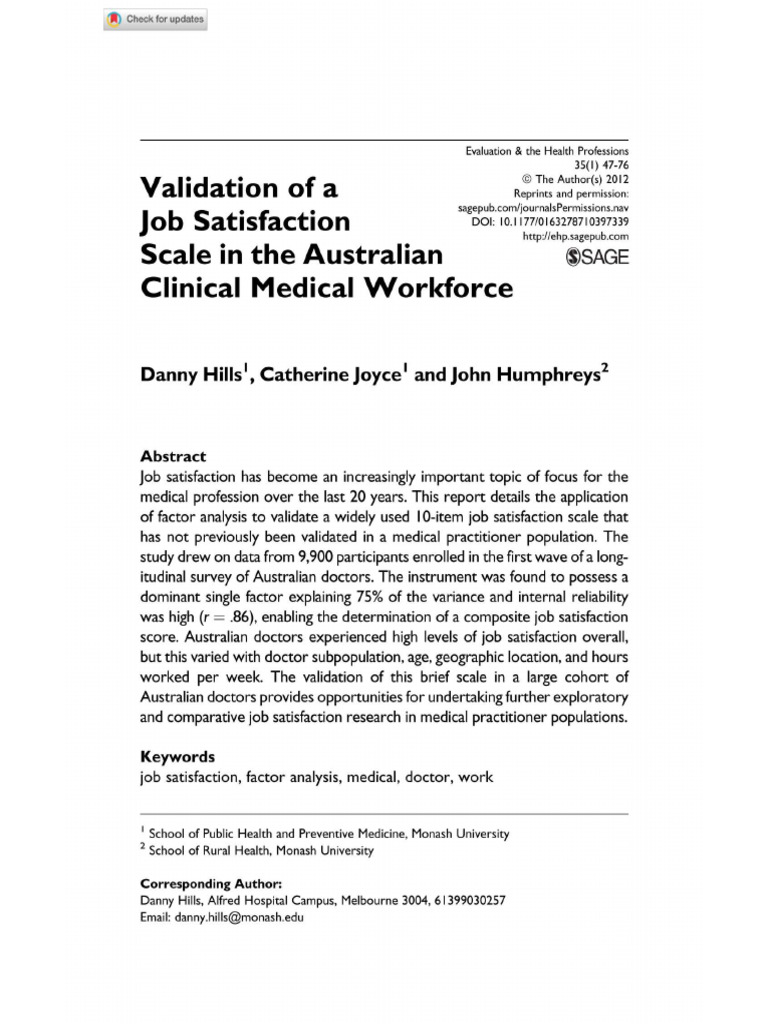 Validation of A Job Satisfaction Scale in The Australian Clinical Medical Workforce | PDF