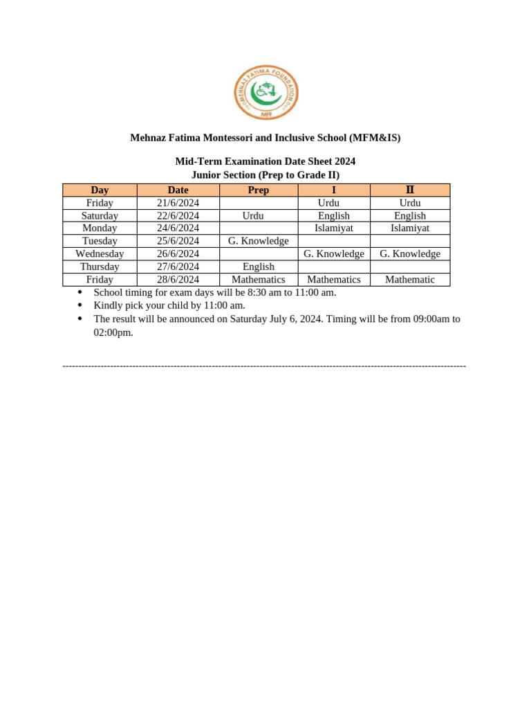 Date Sheet For Mid-Term Exam 2024 | PDF