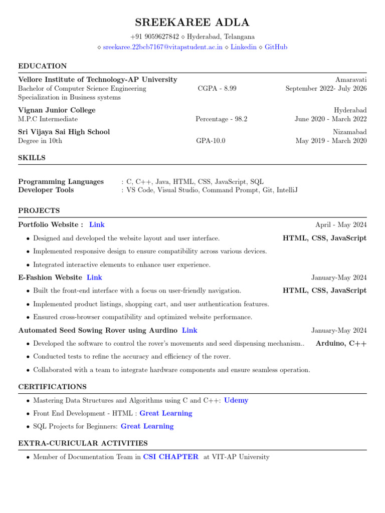 Sreekaree Adla Resume | PDF | Html | Java Script