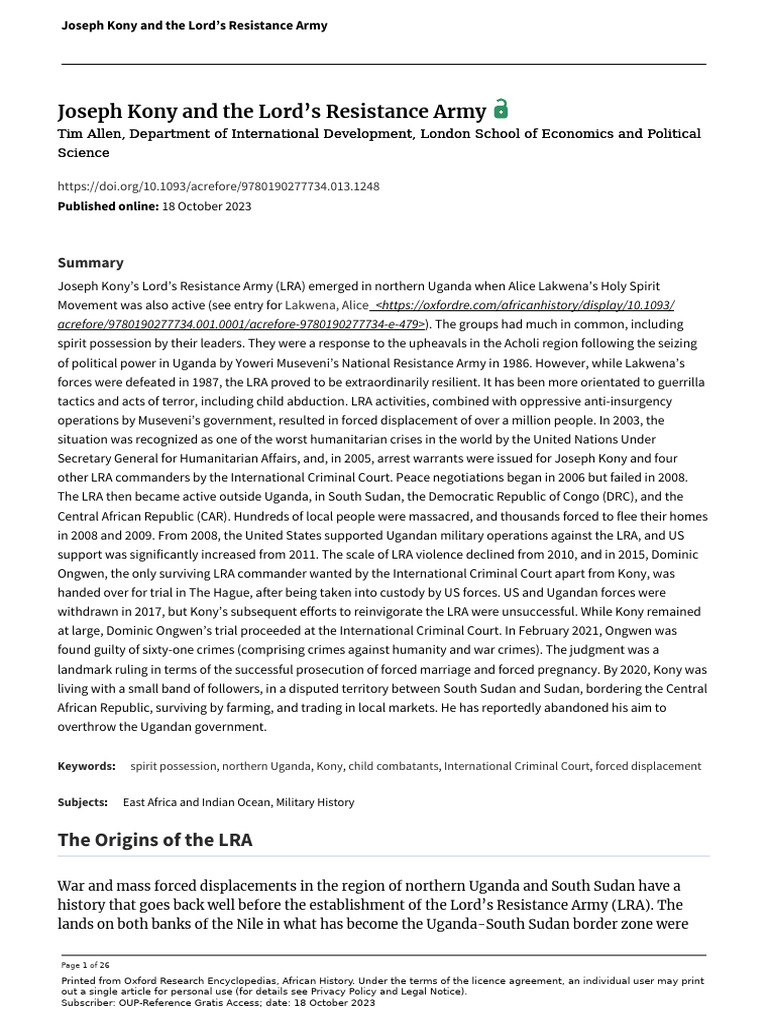 Tim Allen Joseph Kony and The Lord's Resistance Army | PDF | Lord's ...