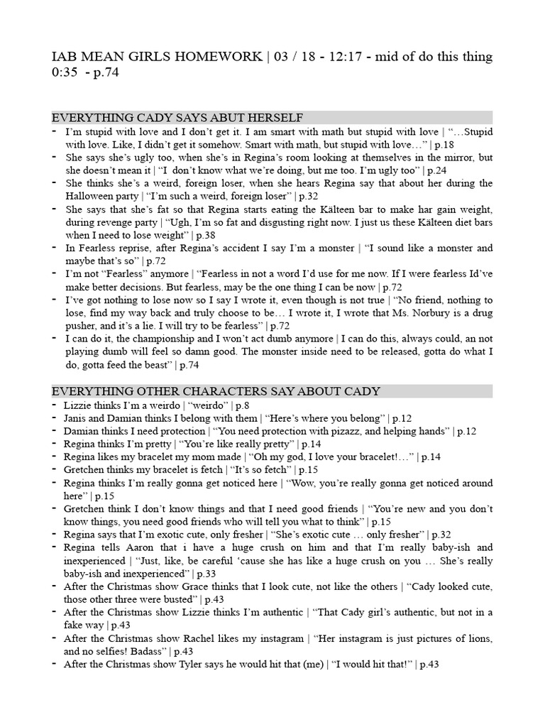 Mean Girls HW | 2024 | PDF
