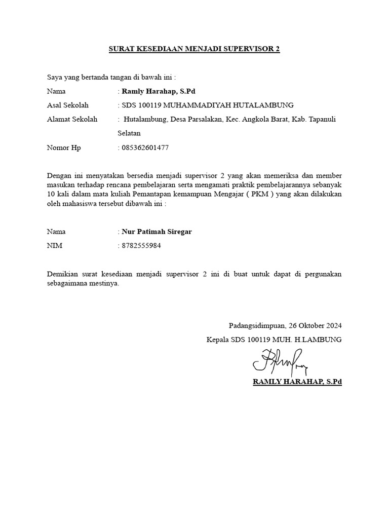 Surat Kesediaan Menjadi Supervisor Patimah | PDF
