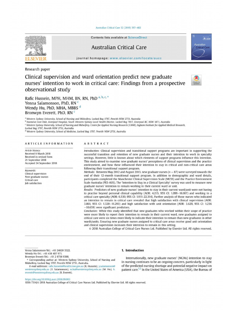 Clinical Supervision and Ward Orientation Predict New Graduate Nurses ...