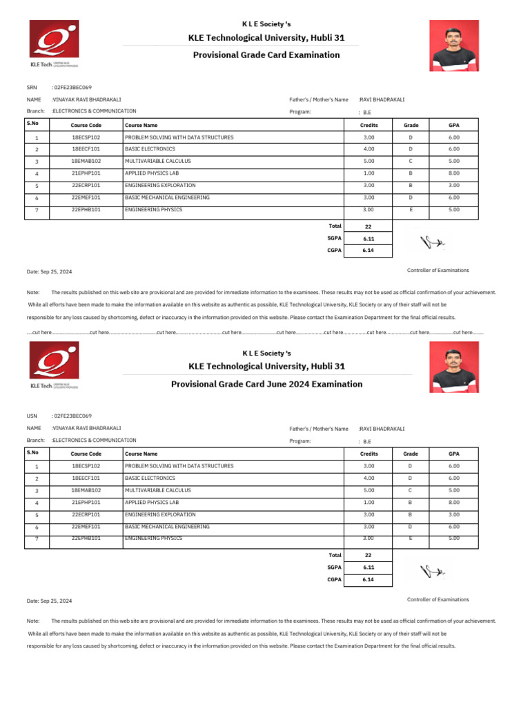 Sem 2 02FE23BEC069 Prvisional Grade Card PDF | PDF | Engineering ...
