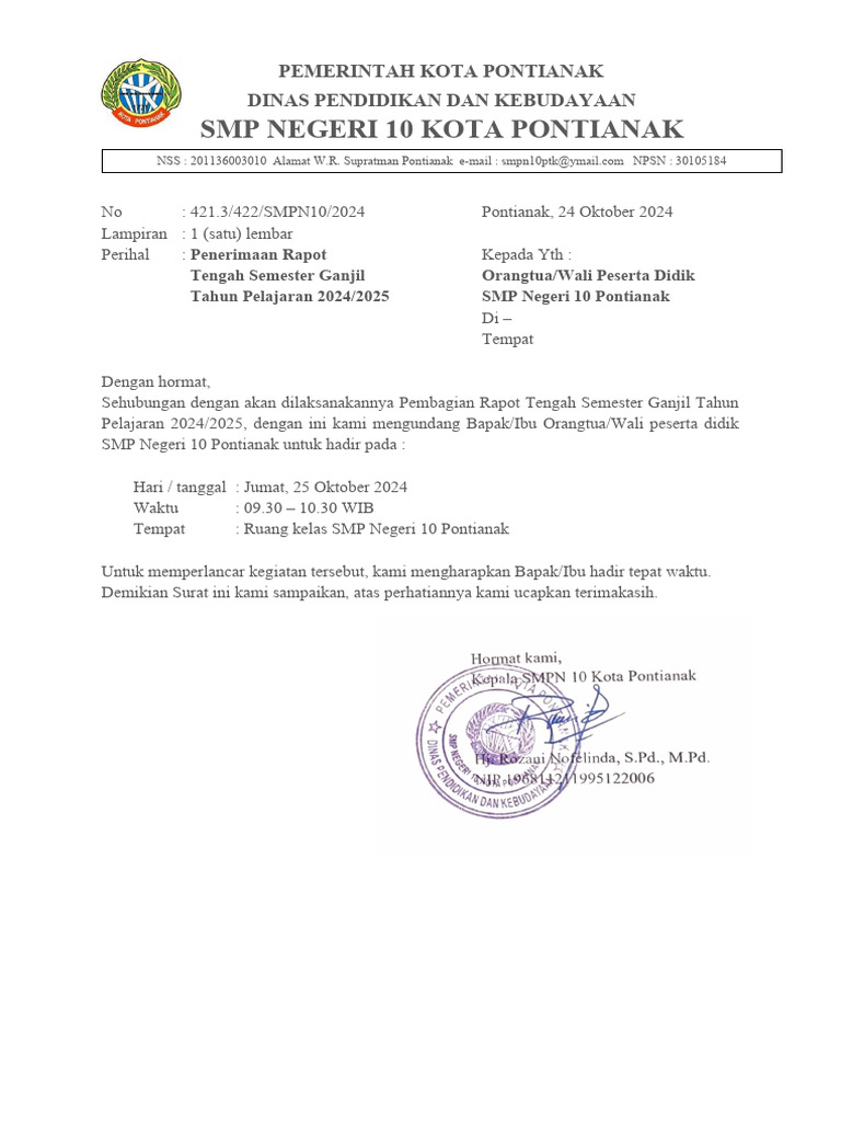 Surat Undangan Penerimaan Rapor Tengah Semester | PDF